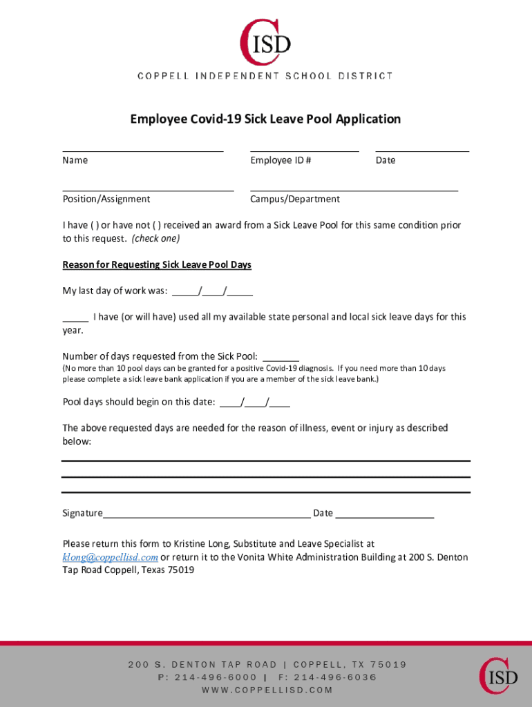 Fillable Online Employee Covid-19 Sick Leave Pool Application Fax Email ...