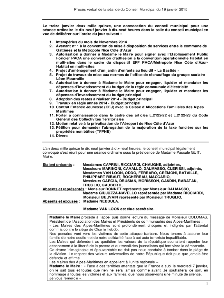 Remplissable En Ligne Procs verbal de la sance du Conseil Municipal du 19 janvier 2015 Fax Email ...