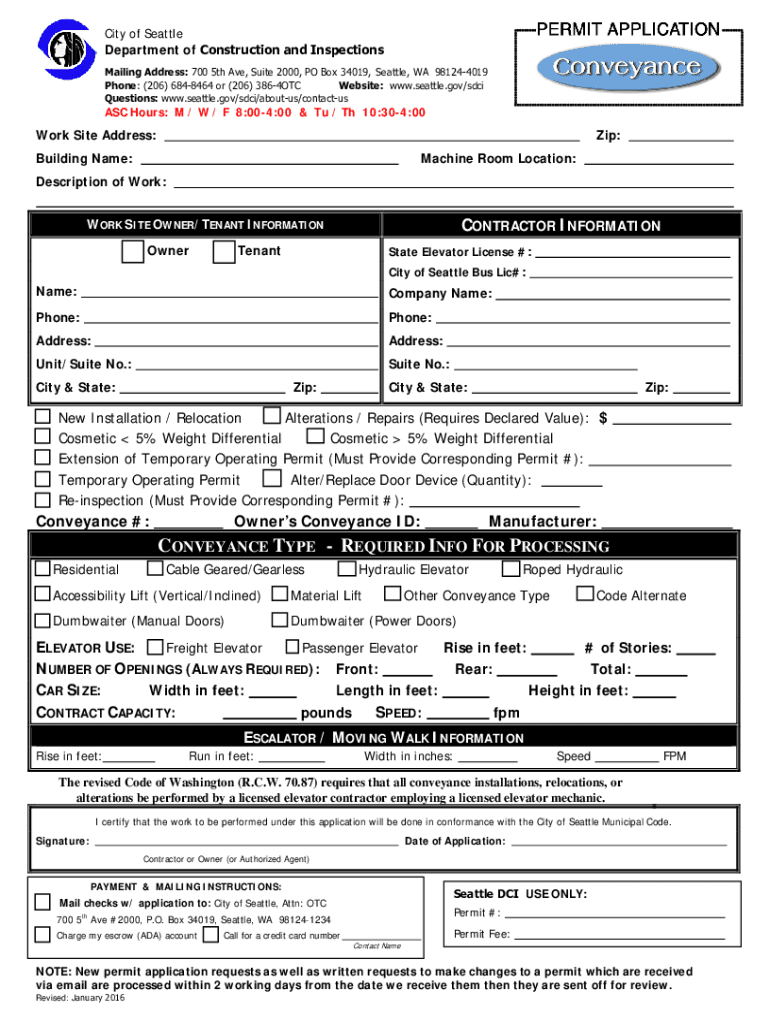 Fillable Online Seattle SDCI Form - Elevator & Escalator (Conveyance ...