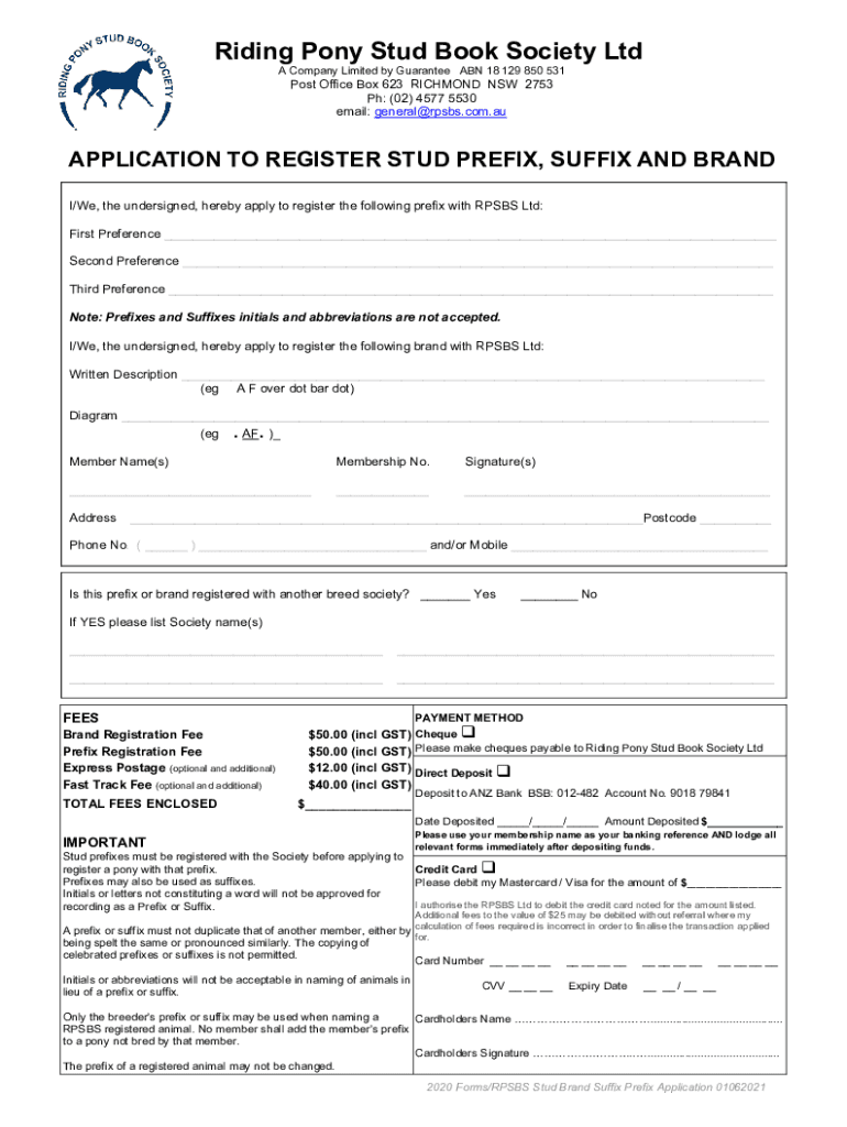 Fillable Online Application to Register STUD Prefix, Suffix and Brand ...
