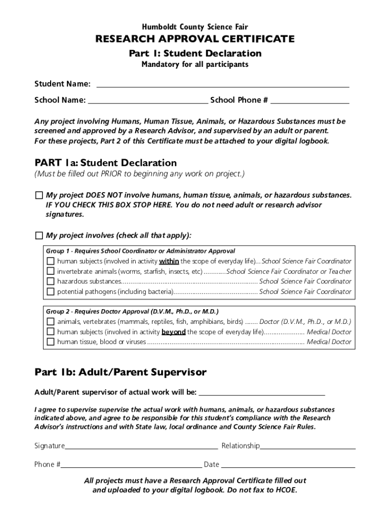 Fillable Online RESEARCH APPROVAL CERTIFICATE PART 1a: Student ... Fax ...
