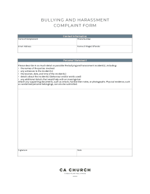 Fillable Online Bullying and Harassment Complaint Form Fax Email Print ...
