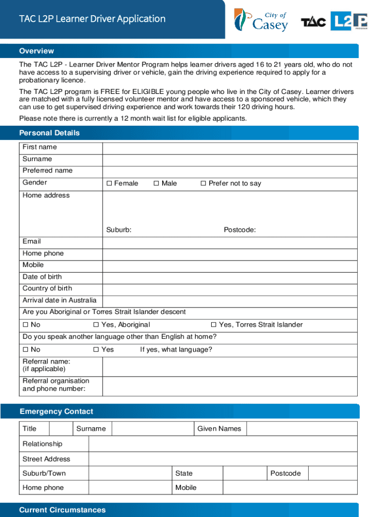 Fillable Online TAC L2P Learner Driver Application - City of Casey Fax ...