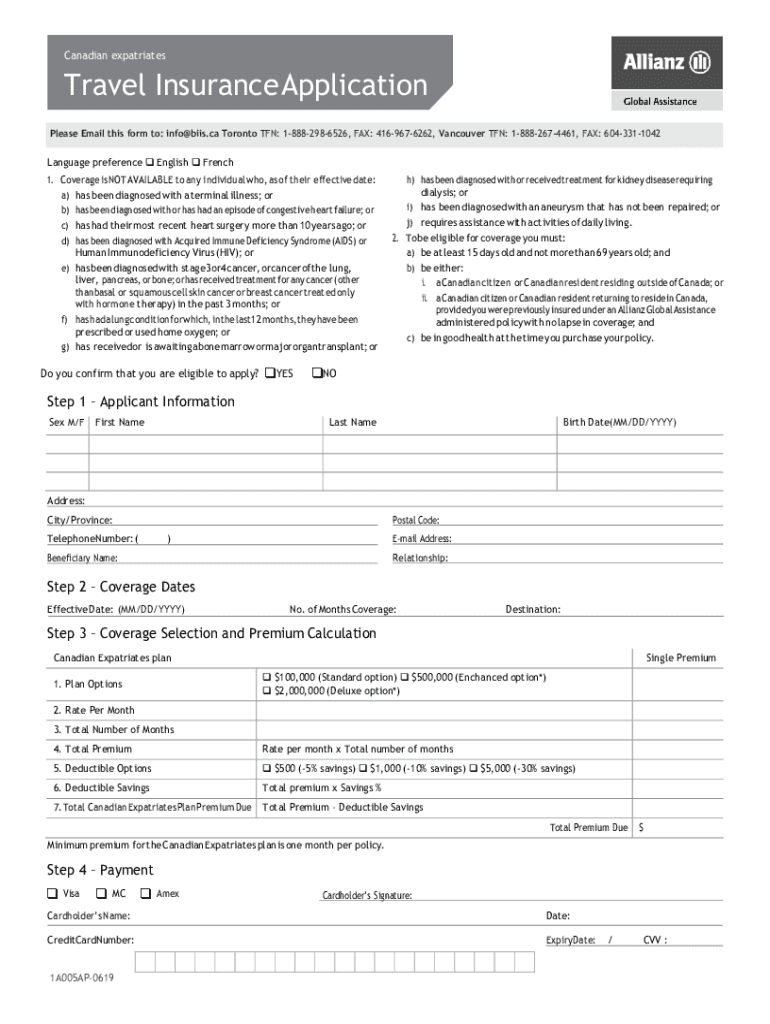 Fillable Online Visitors to Canada, Travel Insurance Application Form ...