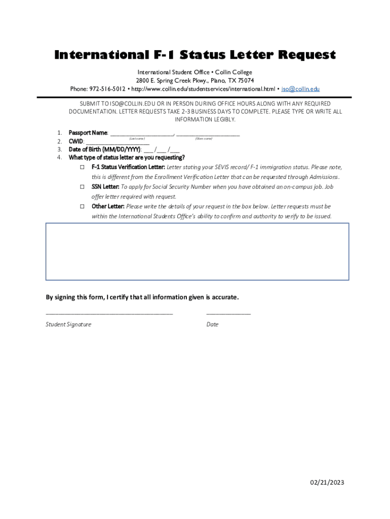Fillable Online International F-1 Status Letter Request Collin College ...