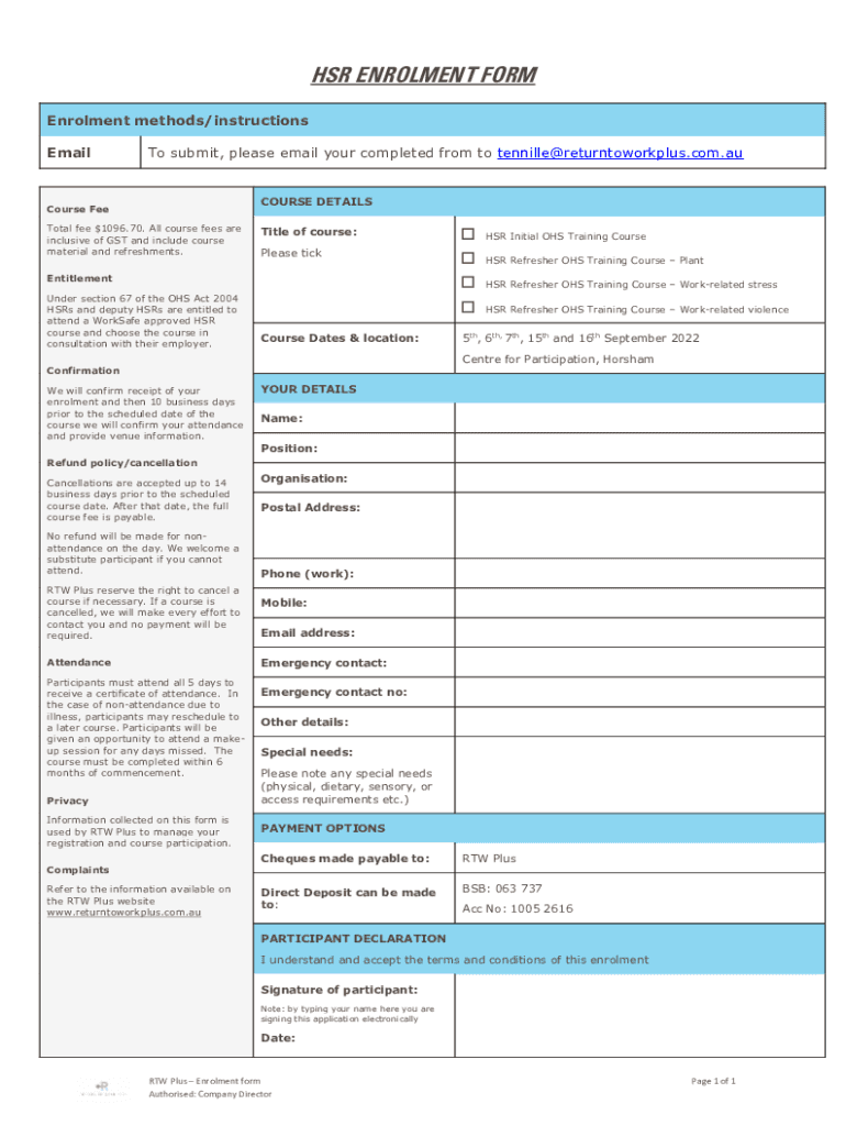 Fillable Online HSR ENROLMENT FORM Fax Email Print - pdfFiller