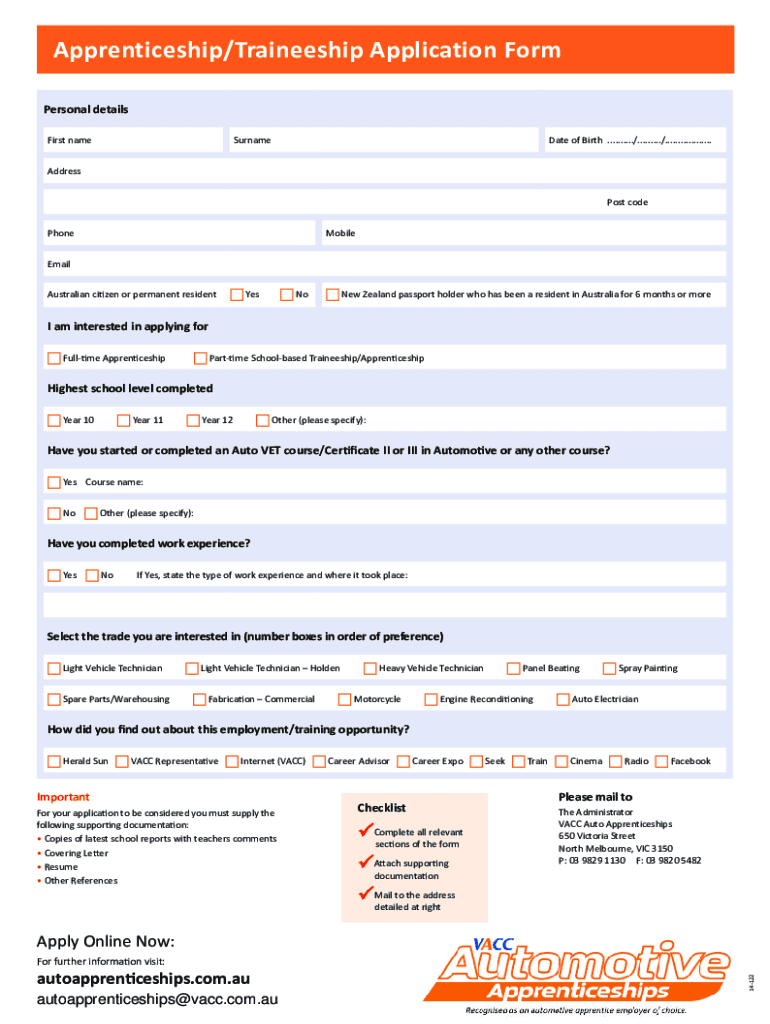 Fillable Online Apprenticeship/Traineeship Application Form Fax Email Print - pdfFiller