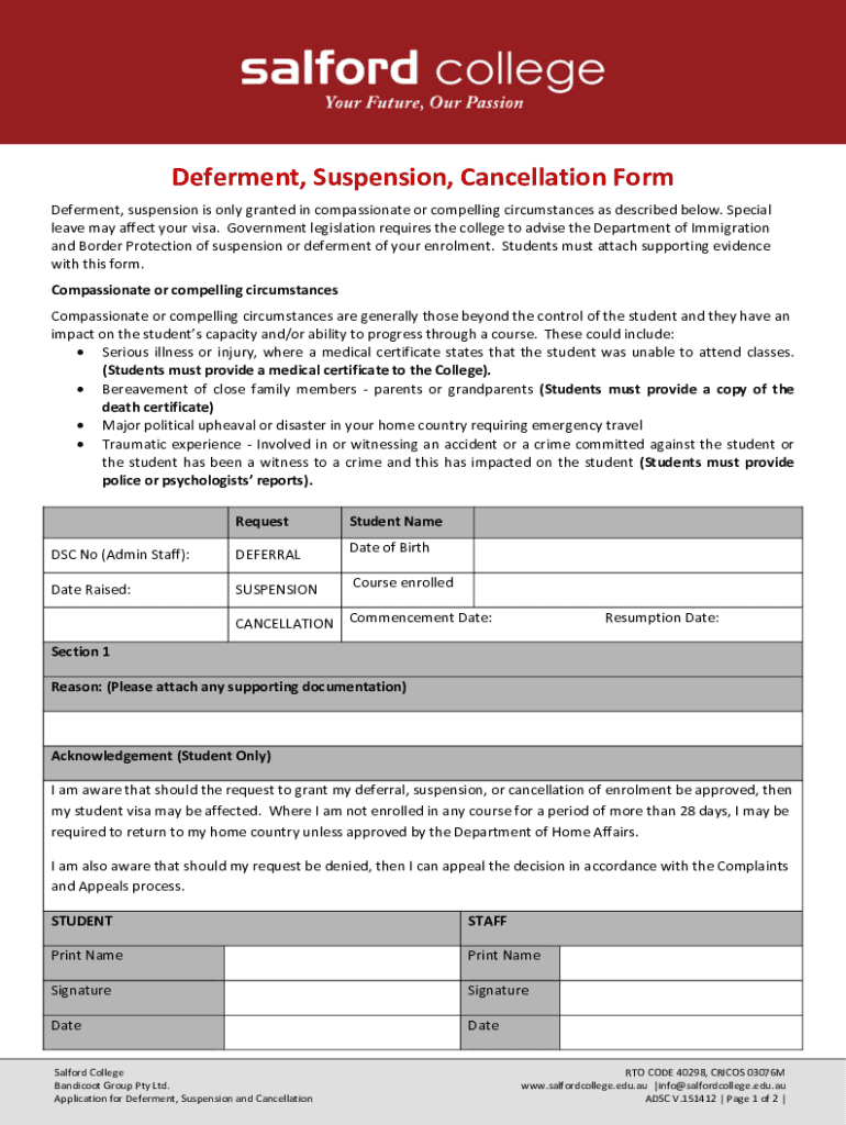 Fillable Online Deferment, Suspension, Cancellation Form - Salford College Fax Email Print ...