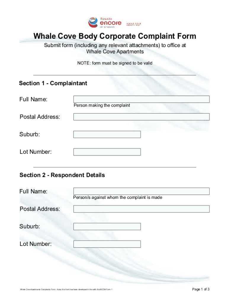 Fillable Online Body Corporate Complaints Form - Whale Cove Residents ...