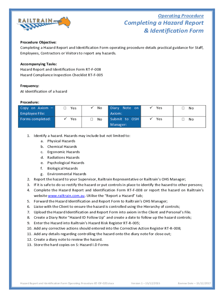 Fillable Online Completing a Hazard Report & Identification Form Fax ...