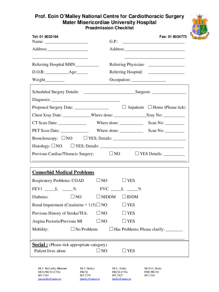 Fillable Online Cardiac Pre-admission Checklist Fax Email Print - pdfFiller