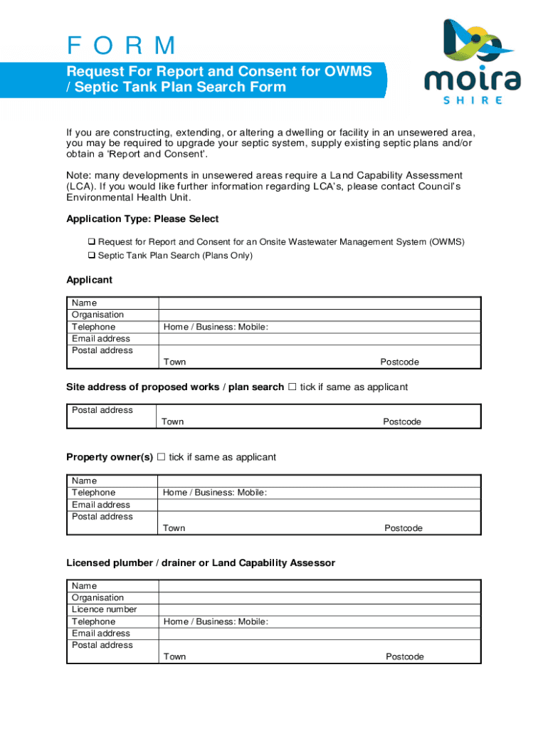 Fillable Online Request For Report and Consent for OWMS / Septic Tank Plan ... Fax Email Print ...