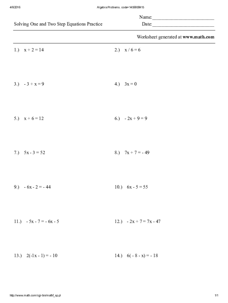 Fillable Online Solving One and Two Step Equations Practice Date Fax Email Print - pdfFiller