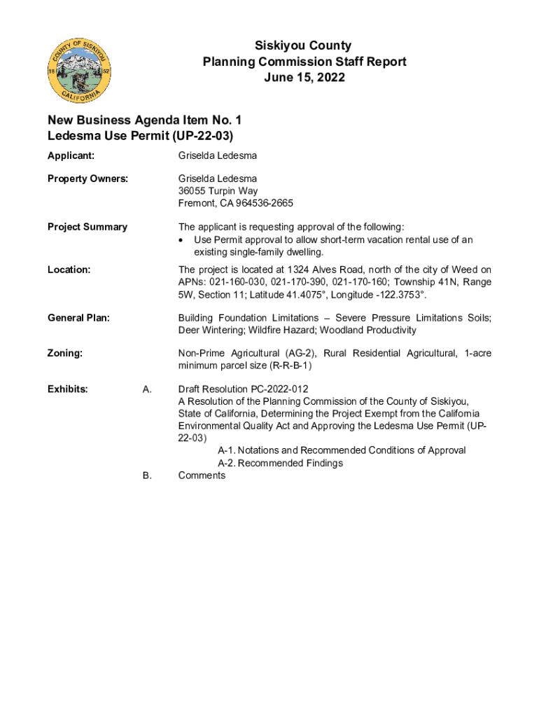 Fillable Online Siskiyou County Planning Commission Staff Report June ...