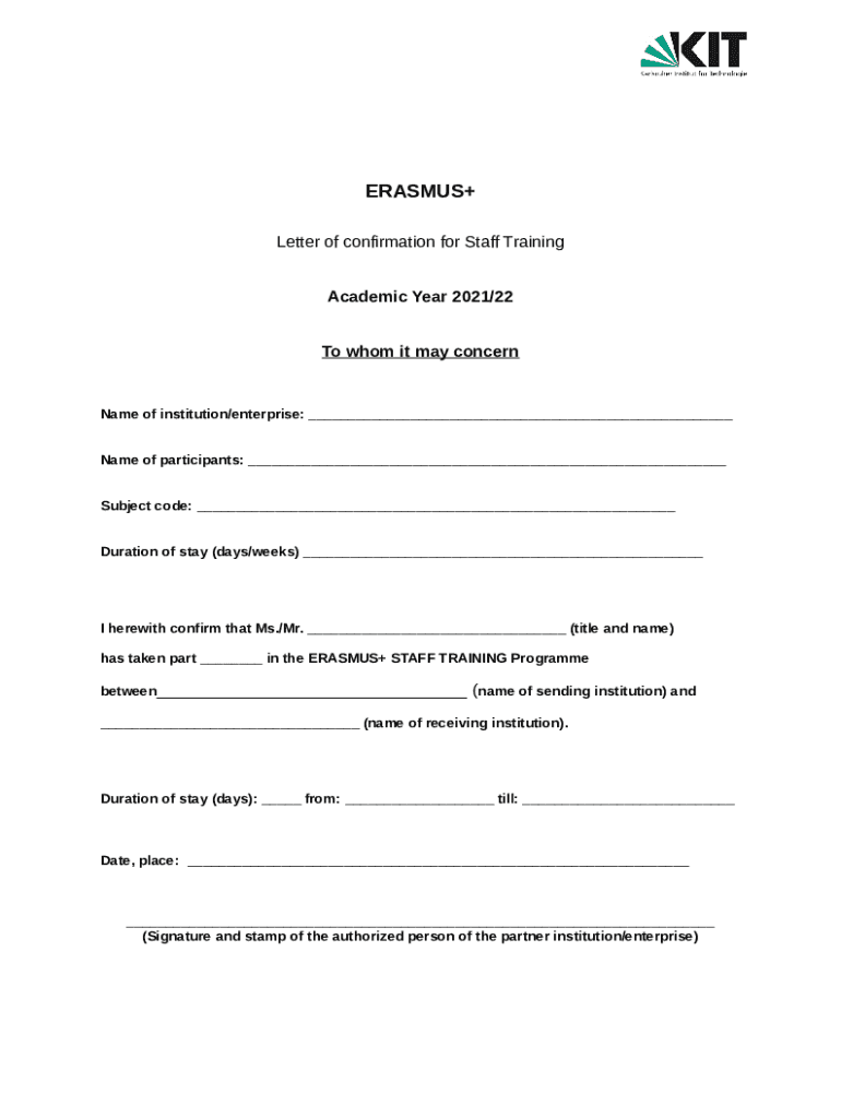 Letter of Confirmation for Staff Mobility for Training Doc Template ...