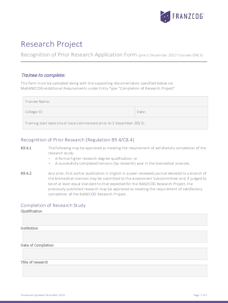 Fillable Online ranzcog edu Recognition of Prior Research Application Form (pre-1 ... Fax Email ...