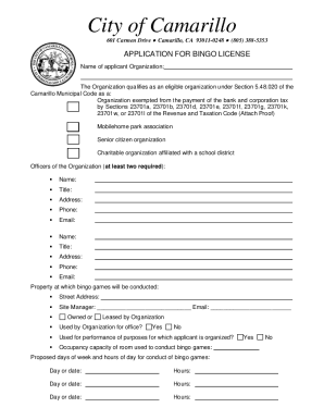 Fillable Online Bingo License Application - Welcome to Camarillo, CA ...