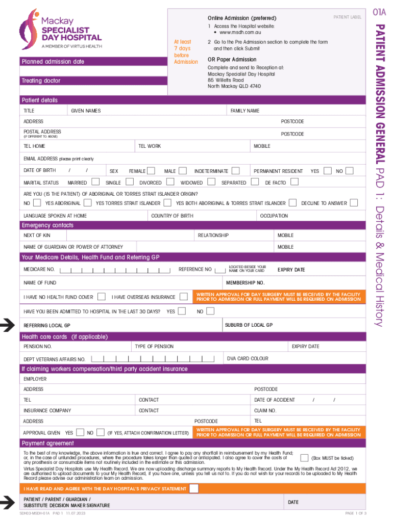 Fillable Online PATIENT ADMISSION GENERAL Fax Email Print - pdfFiller