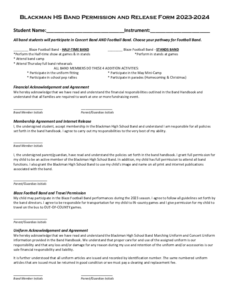 Fillable Online Blackman HS Band Permission and Release Form 2023 ...