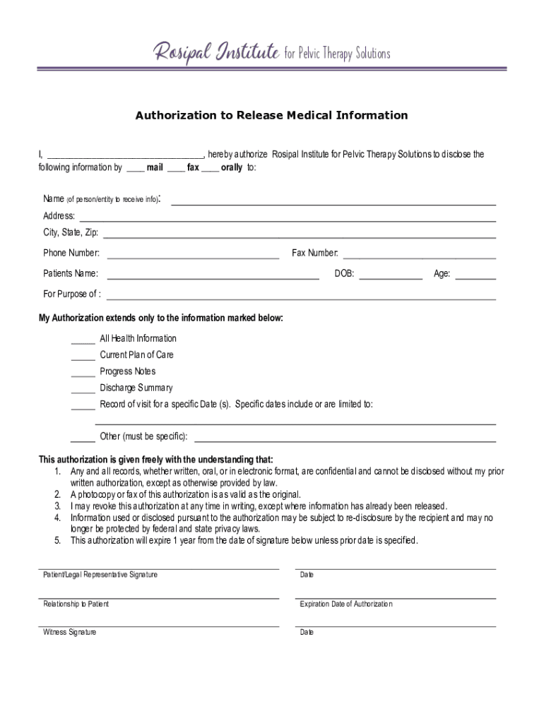 Fillable Online I, , hereby authorize Rosipal Institute for Pelvic ...