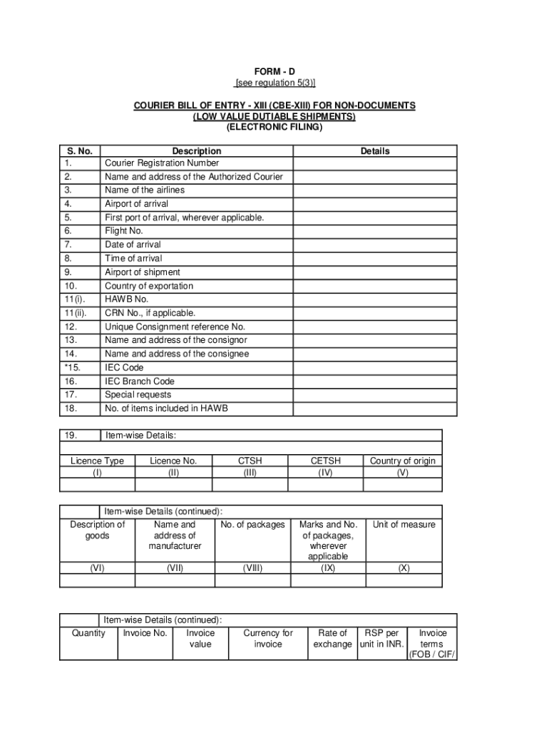 Fillable Online FORM - D see regulation 5(3) COURIER BILL OF ENTRY Fax ...