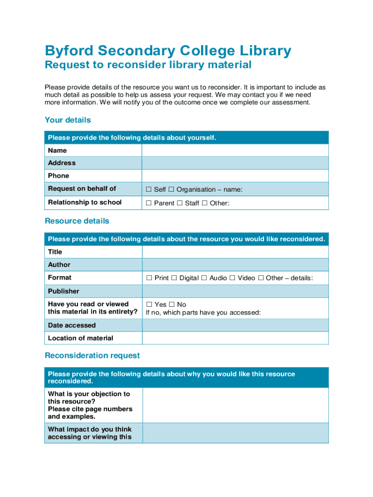 Fillable Online Byford Secondary College Library Fax Email Print ...