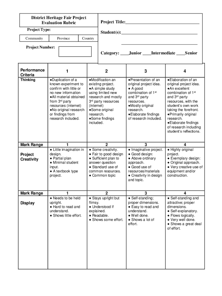 Fillable Online 1 2 3 4 District Heritage Fair Project Evaluation ...