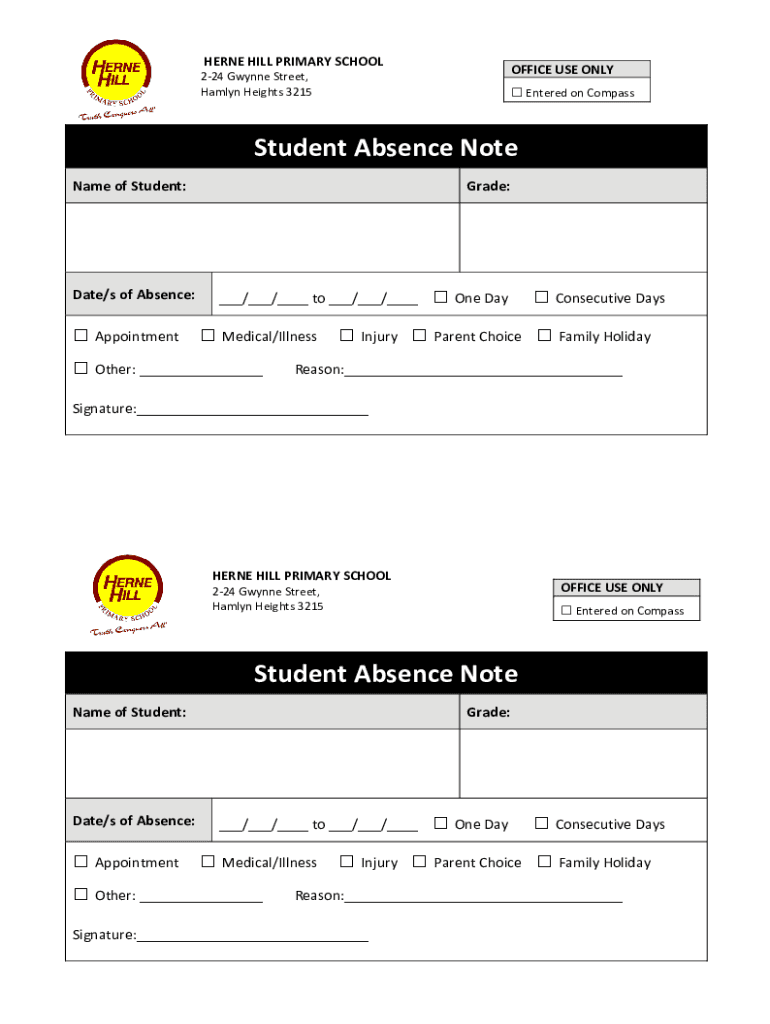 Fillable Online hernehillk6 vic edu Student Absence Note Student ...
