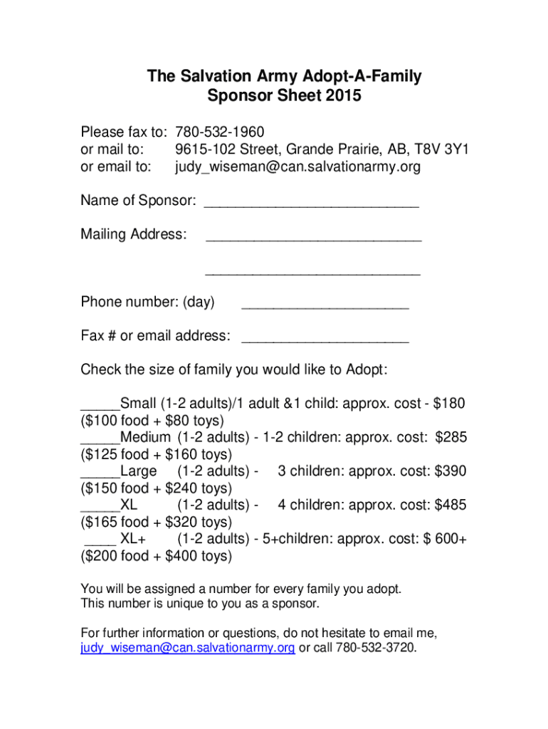 Fillable Online The Salvation Army Adopt-A-Family Sponsor Sheet 2015 ...