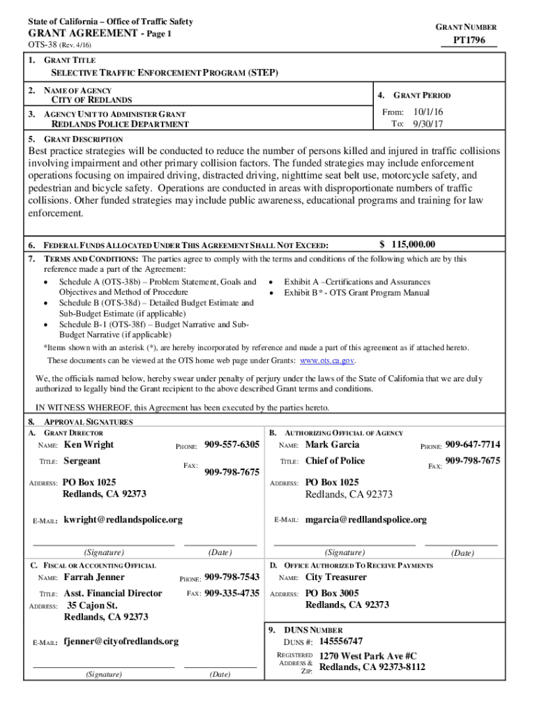 Fillable Online OTS STEP Grant Agreement FY17-18 - Wildomar Connected ...