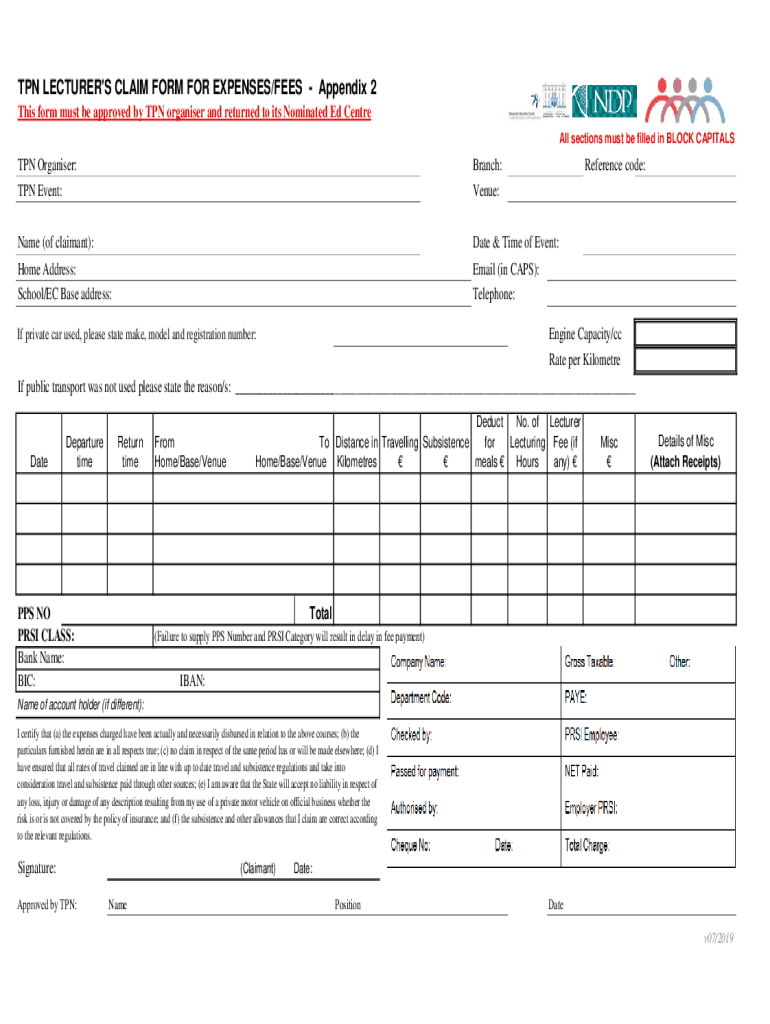 Fillable Online TPN LECTURER'S CLAIM FORM FOR EXPENSES/FEES Fax Email ...