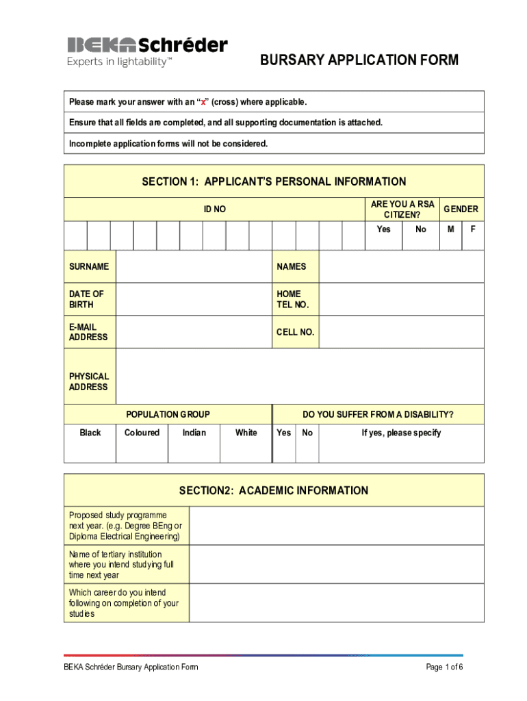 Fillable Online BURSARY APPLICATION FORM - BEKA Schrder Fax Email Print - pdfFiller