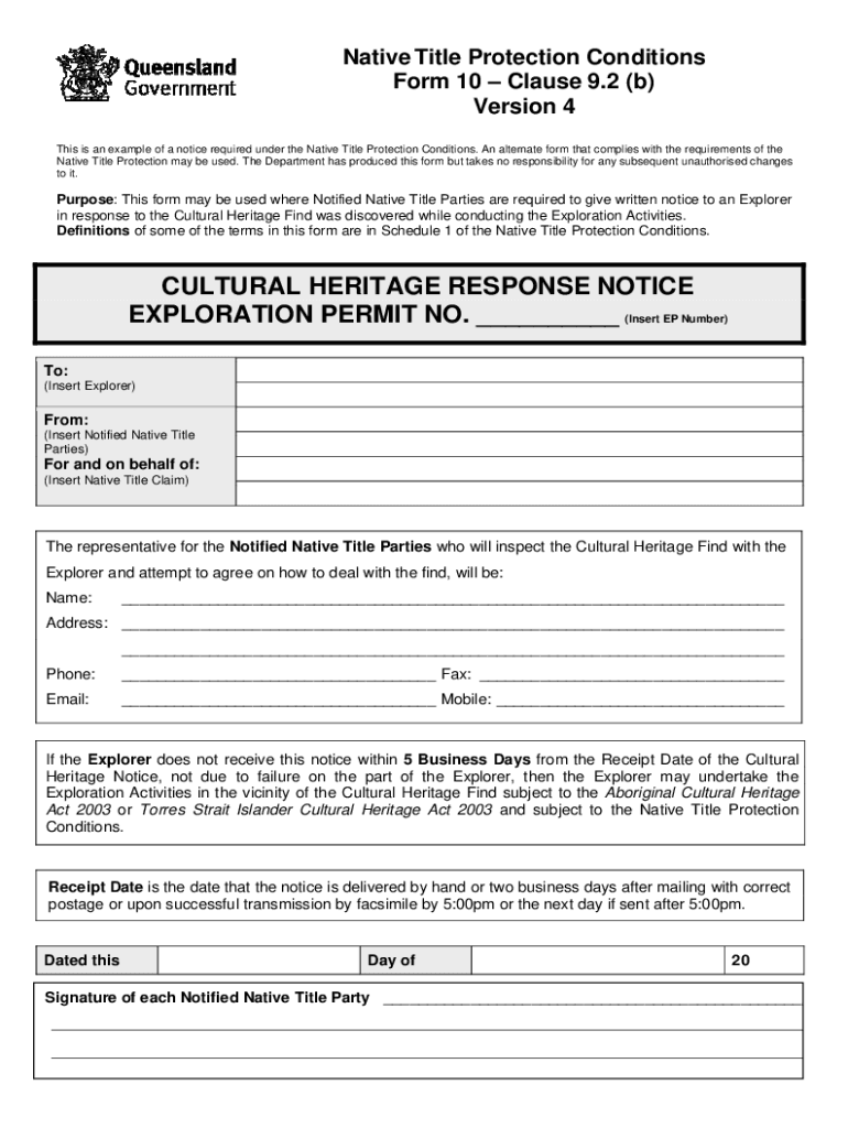 Fillable Online Native title cultural heritage response notice. Native ...