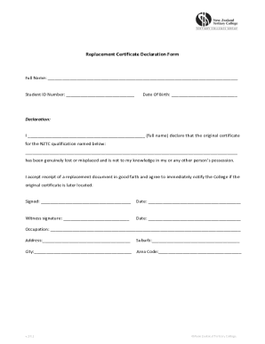 Fillable Online Replacement Certificate Declaration Form - NZTC Alumni Fax Email Print - pdfFiller