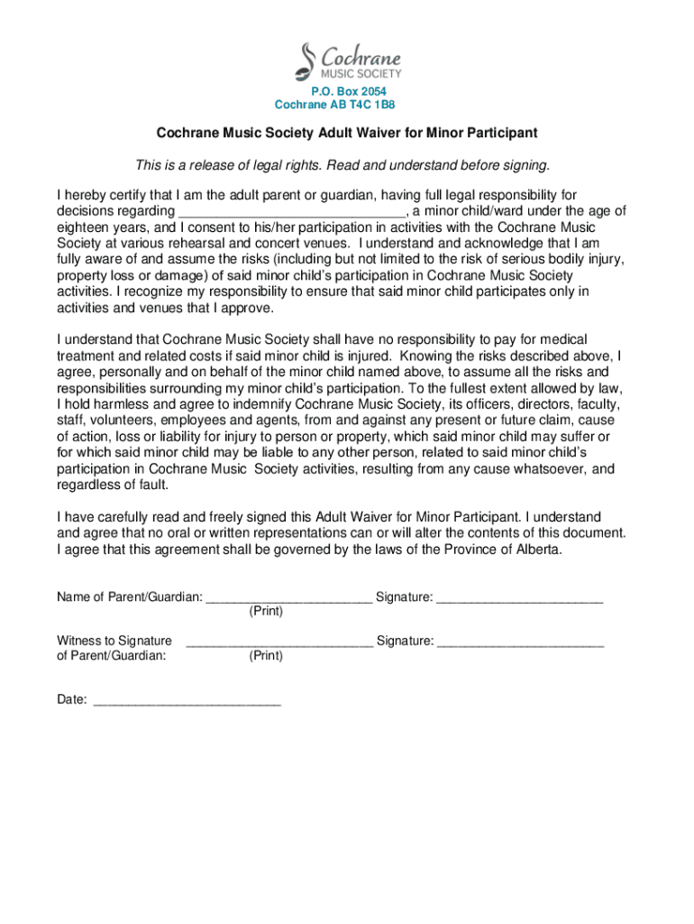 Fillable Online Cochrane Music Society Adult Waiver for Minor ...