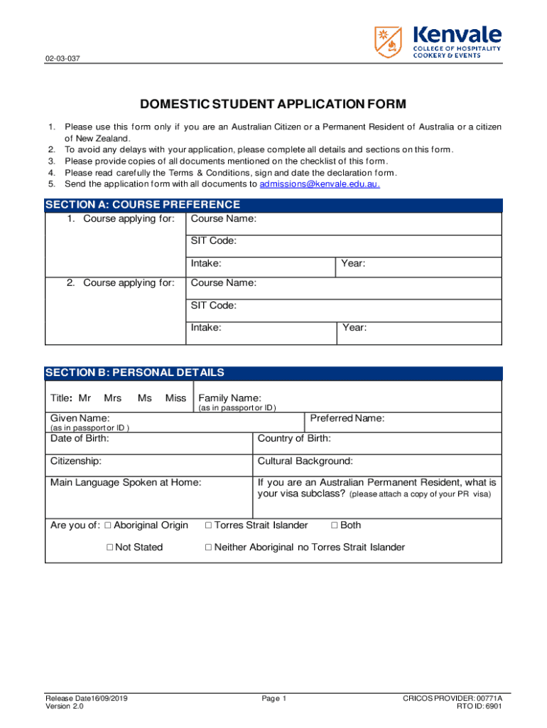 Fillable Online domestic student application form - Kenvale College Closes Fax Email Print ...