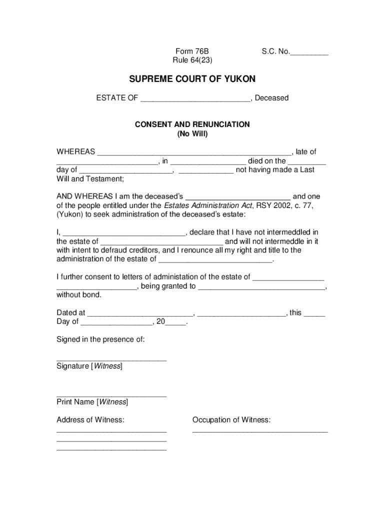 Fillable Online Form 76B: Consent and Renunciation no Will Fax Email ...