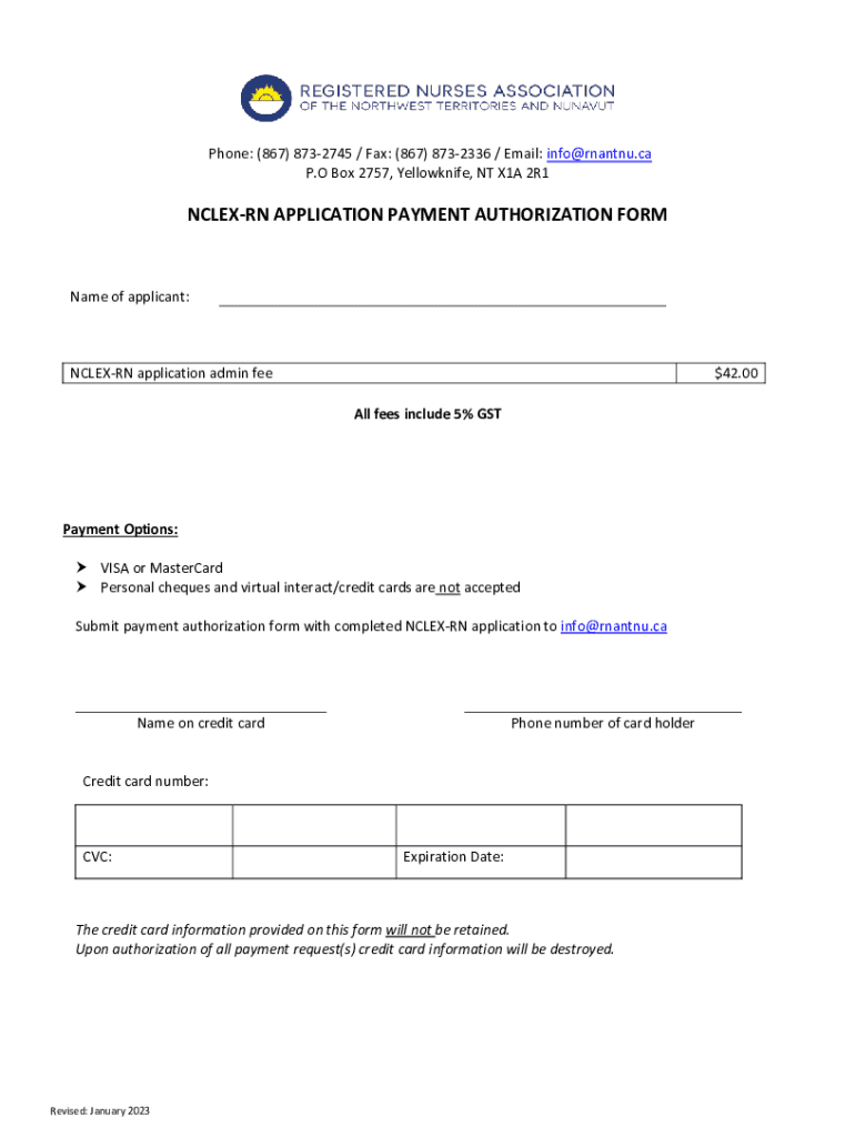 Fillable Online NCLEX-RN APPLICATION PAYMENT AUTHORIZATION FORM Fax ...