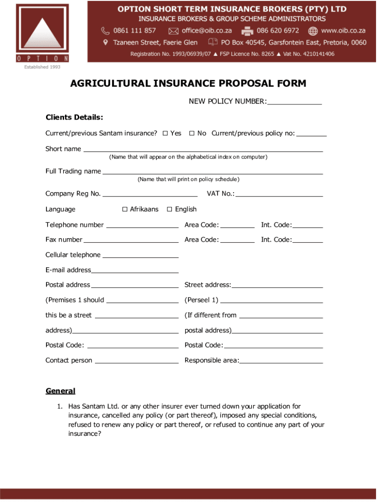 Fillable Online oib co AGRICULTURAL INSURANCE PROPOSAL FORM Fax Email ...