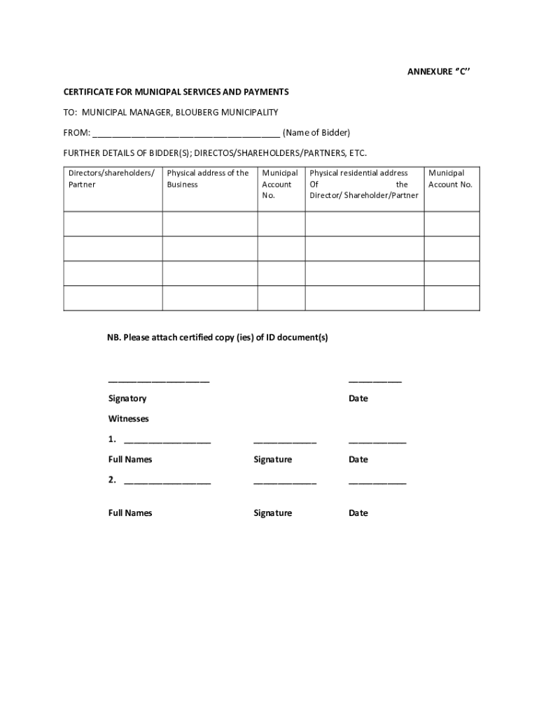 Fillable Online ANNEXURE ''C'' CERTIFICATE FOR MUNICIPAL ... Fax Email ...