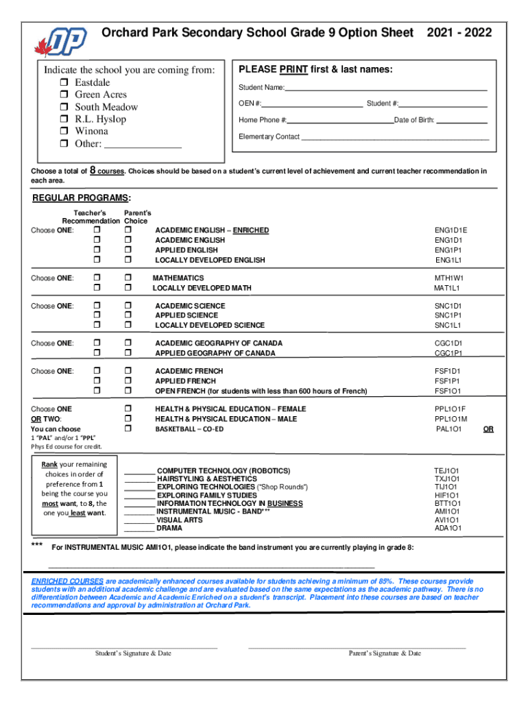Fillable Online Orchard Park Secondary School Grade 9 Option Sheet 2021 ...