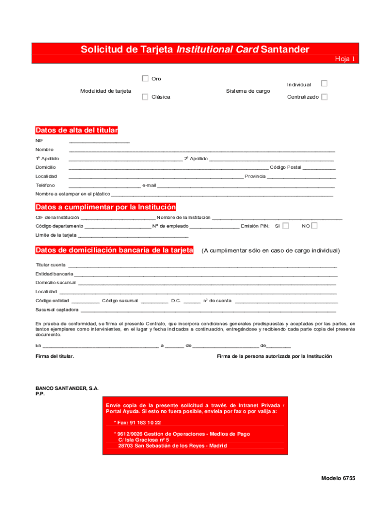 Completable En línea Solicitud de Tarjeta Institutional Card Santander ...