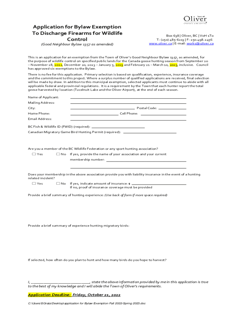 Fillable Online Application for Bylaw Exemption To Discharge Firearms ...