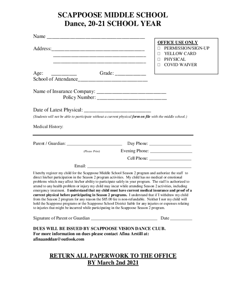 Fillable Online SCAPPOOSE MIDDLE SCHOOL Dance, 20-21 SCHOOL YEAR Fax ...