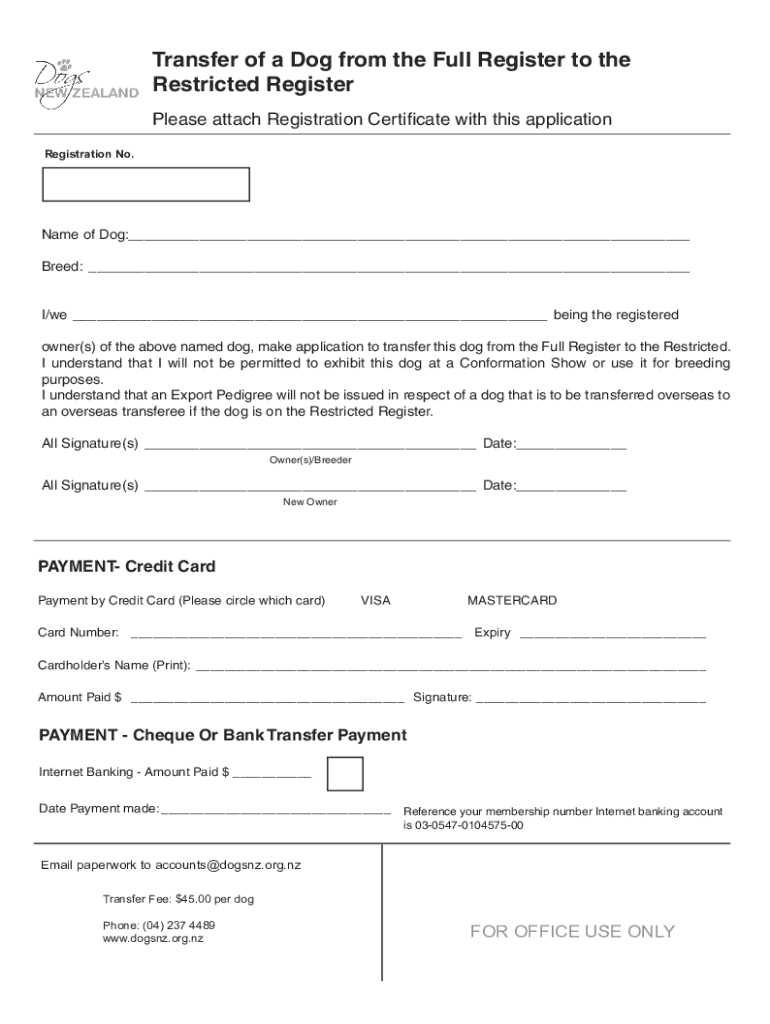Fillable Online Transfer of a Dog from the Full Register to the ...