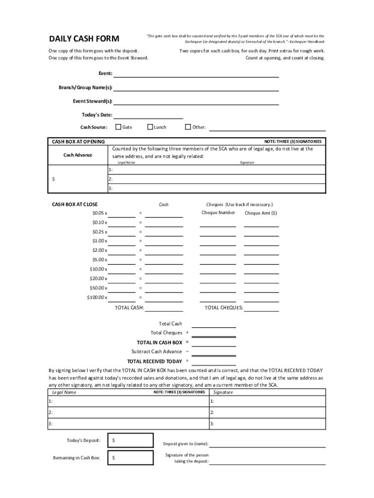 Fillable Online Daily cash form Fax Email Print - pdfFiller