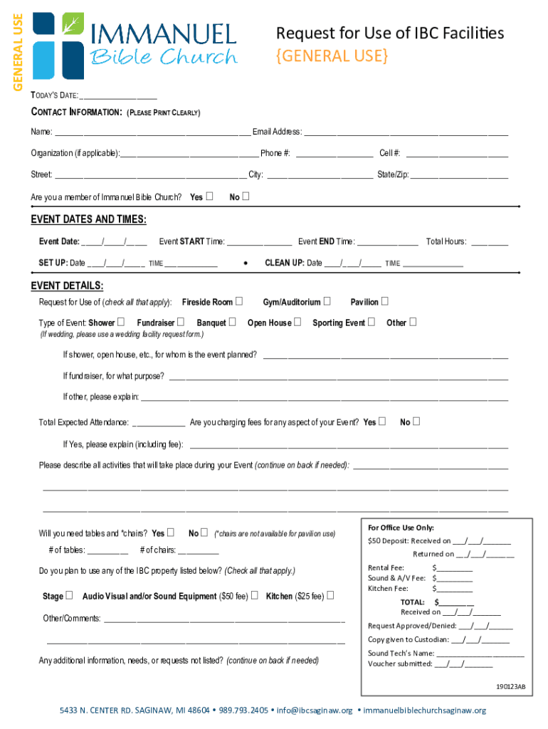 Fillable Online Request for Use of IBC Facili es GENERAL USE Fax Email Print - pdfFiller
