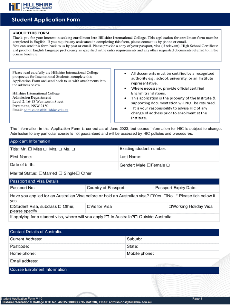 Fillable Online Student Application Form - Hillshire Fax Email Print - pdfFiller