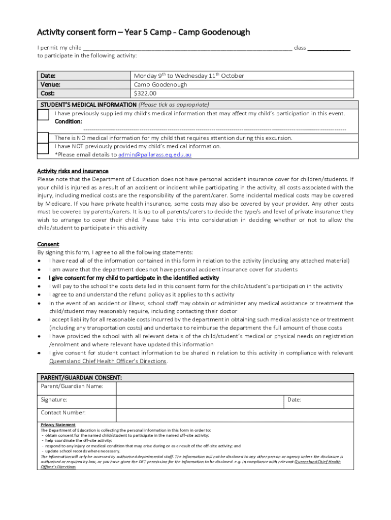 Fillable Online Re: Year 5 Camp Camp Goodenough Fax Email Print - pdfFiller