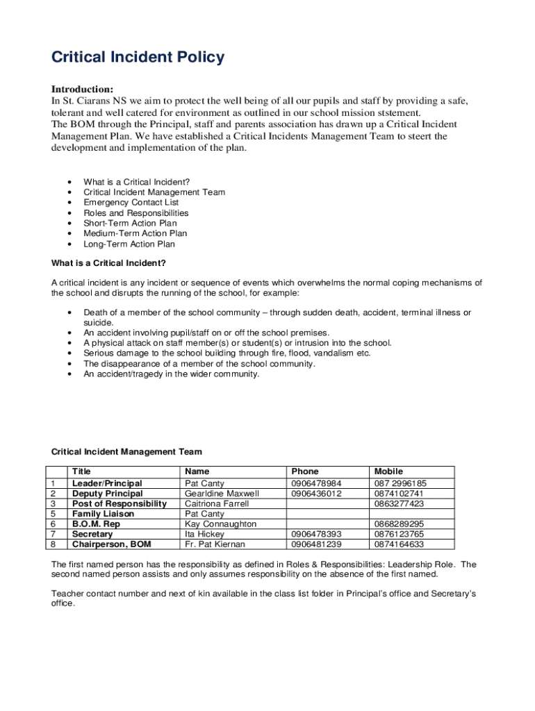 Fillable Online Critical Incident Policy - St. Patrick's National ...